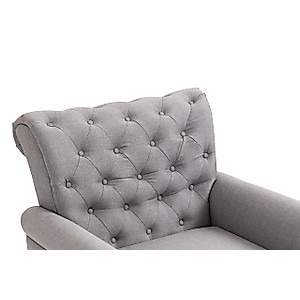 Gecheer Mid-Century Modern Accent Chair, Linen Armchair w/Tufted Back/Wood Legs, Upholstered Lounge Arm Chair Single Sofa for Living Room Bedroom, Light Grey