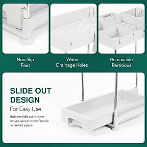 MrSmartSpace Under Sink Organizers and Storage, Adjustable Height 2 Tier Sliding Bathroom Basket, Under Cabinet Storage Shelf, Kitchen Storage Rack with Hooks, Hanging Cup, Dividers, White