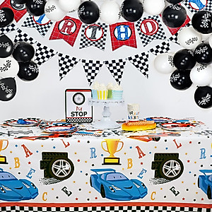 WERNNSAI Racing Car Tablecloth - 108" x 54" Disposable Plastic Rectangular Checkered Table Covers for Kids Birthday Game Sports Events Race Car Party Supplies