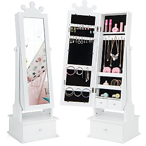 GOFLAME Kids Jewelry Armoire, Children’s Jewelry Cabinet with Full Length Mirror & Storage Drawers, Freestanding Jewelry Organizer for Girls, Birthday/Christmas Gift (White)