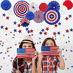 MOVINPE 4th of July Patriotic Party Decorations Set, American Flag Hanging Paper Fans, Pompoms Flowers, Foil Fringe Curtain, Star Streamers, USA Pennant Bunting Independence Day Party Supplies