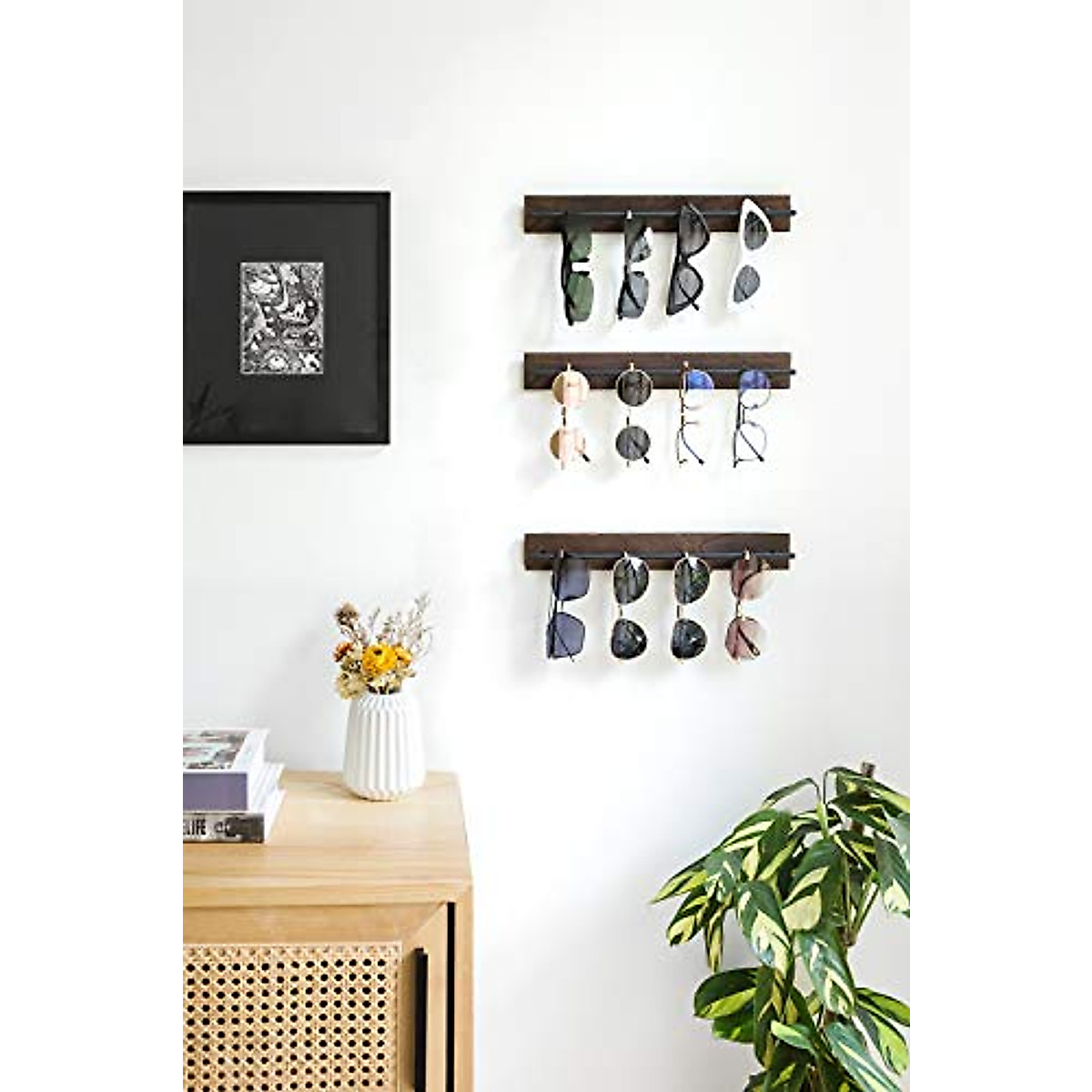 Mkono Wood Sunglasses Storage Organizer Wall Mounted Eyeglasses Holder Eyewear Display Rack Rustic Home Decor, Set of 3, Brown