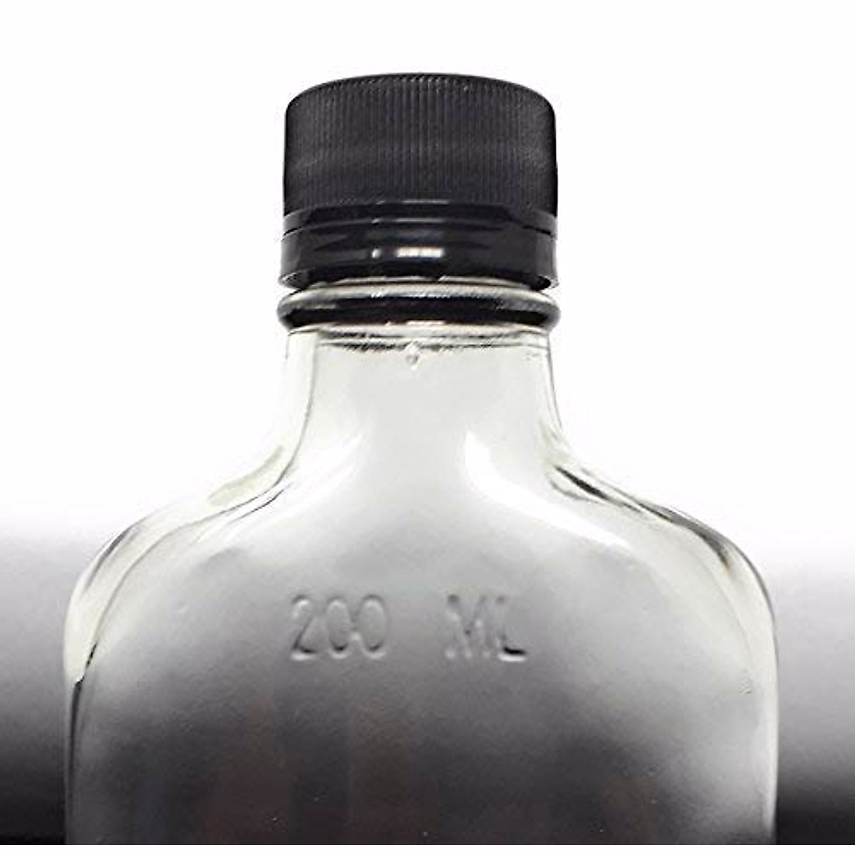 200 ml (6.6 oz) Glass Flask Liquor Bottle with Black Caps (12 Pack)