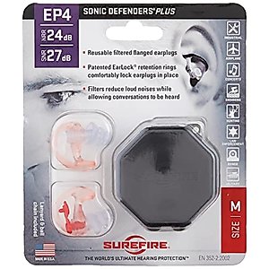 SureFire EP4 Sonic Defenders Plus filtered Earplugs, triple flanged design, reusable, Clear, Medium