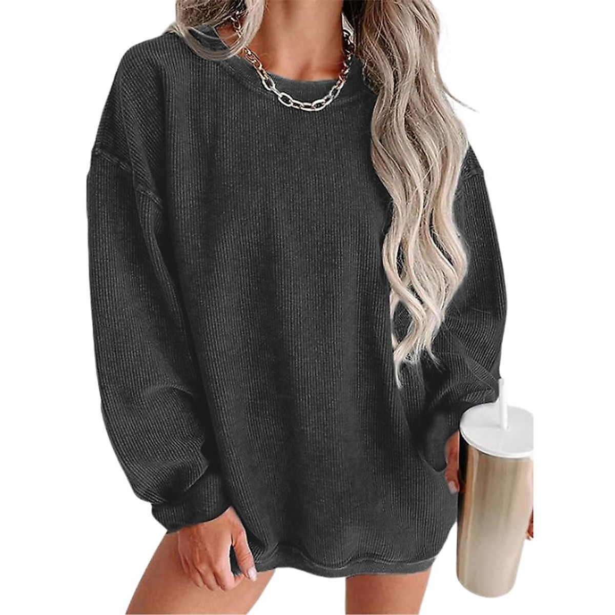Womens Crewneck Sweatshirt Casual Oversized Corduroy Corded Sweatshirt Winter Long Sleeve Comfy Pullover Top(DGR,M)