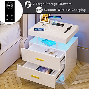 HNEBC Auto LED Nightstands Set of 2,Modern Bedside Table with 2 Ports & Wireless Charging Station,High Gloss Bedside Tables with 2 Drawers,Nightstands for Bedrooms/Living Room (White)