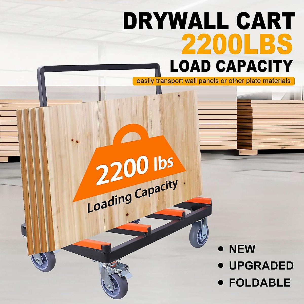 Folding Drywall Cart Heavy Duty,with Rubber Swivel Casters Panel Dolly Handling,Capacity for Home Warehouse, Handling Wall Panel,Sheetrock,Glass (Loading Deck No Extensible)