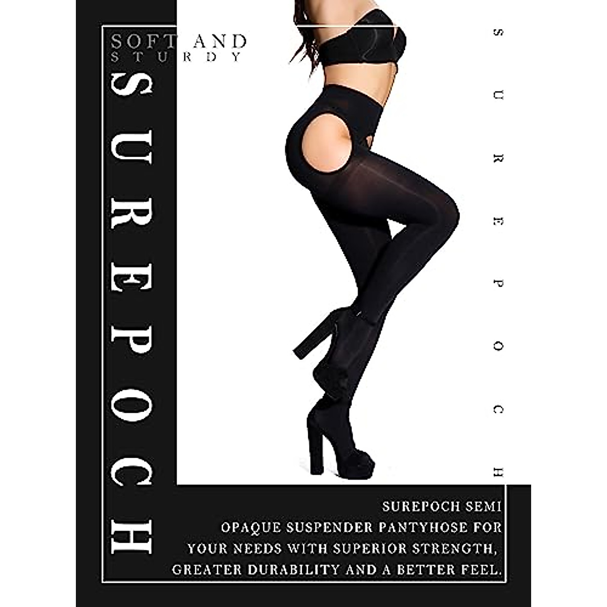 SUREPOCH Suspender Tights for Women Plus Size Garter Belt Black Control Top Pantyhose