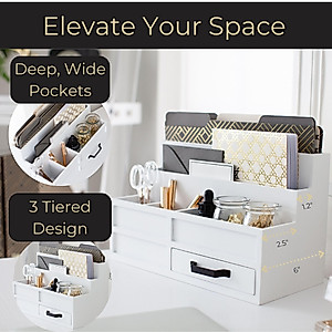 Blu Monaco White Desktop Organizer with Drawer & Pen Holder - Desk Organizers and Storage - Paper Organizer - Wood Bill Organizer for Desk - Mail Holder for Office Desk Organization Art Supply Storage