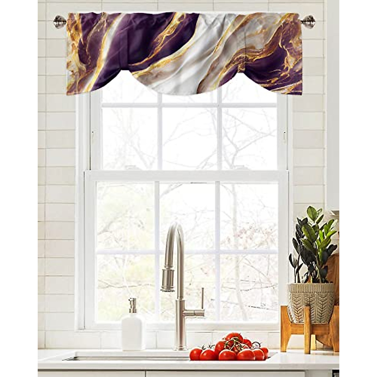 Sabolny Marble Purple Tie Up Valance Curtain for Kitchen Living Room Bedroom Bathroom Cafe, Rod Pocket Small Short Window Drape Panel Adjustable Drapary Print, Abstract Gold White Modern Art 54"x18"
