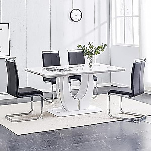 White Marble Dining Table for 4-6, Modern Kitchen Dining Room Table with Faux Marble Top and U Shape Wood Pedestal Base, 63" Rectangular Dining Table for Dining Room Kitchen Living Room