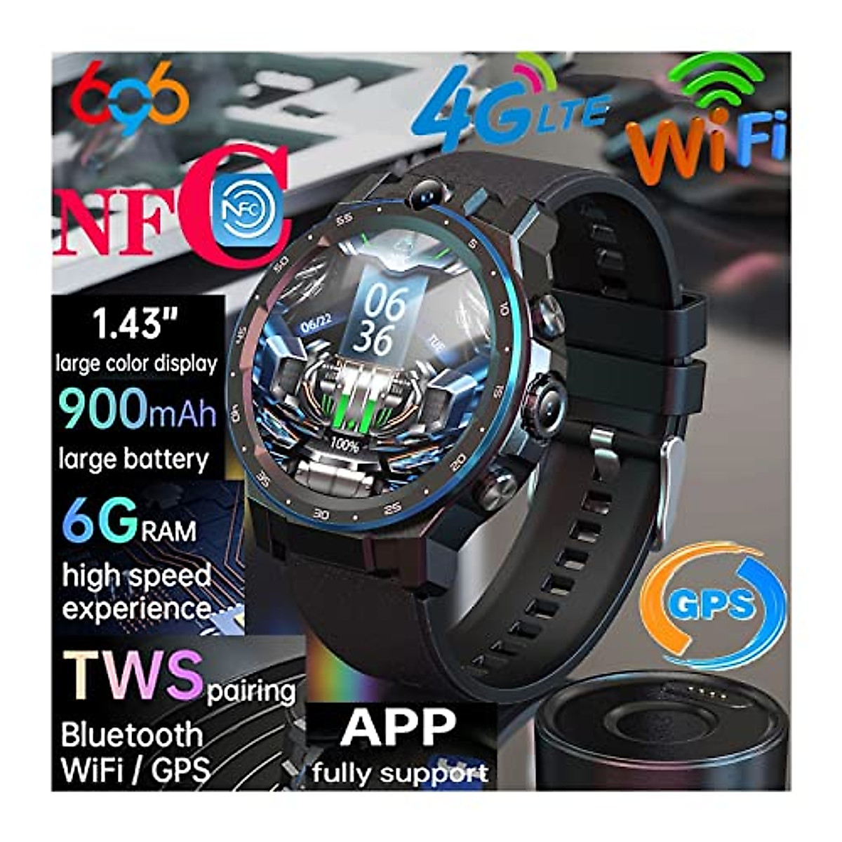 JAITEA New 6GB +128GB Smartwatch 4G GPS WiFi Dual-Camera Sports Bluetooth Talking Smartwatch Dual System Music NFC Men