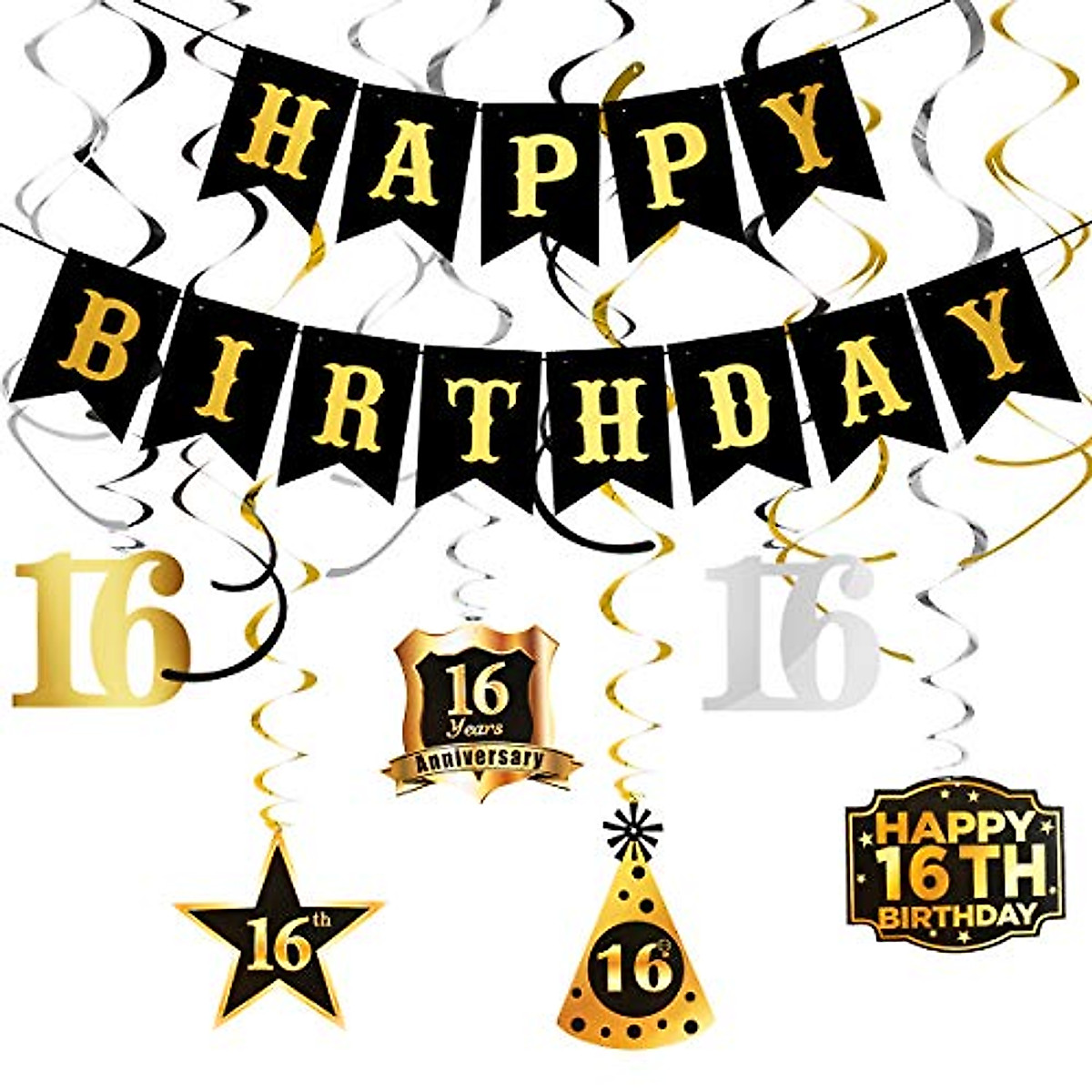 16th Birthday Decorations for Boys- Happy Birthday Banner Black and 16th Birthday Hanging Swirls, 16 Birthday Decorations Boy, 16 Birthday Decorations