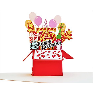 iGifts And Cards Happy 75th Red Birthday Party Box 3D Pop Up Greeting Card – Seventy-Five, Awesome, Balloons, Unique, Celebration, Feliz Cumpleaños, Fun, Mom, Dad
