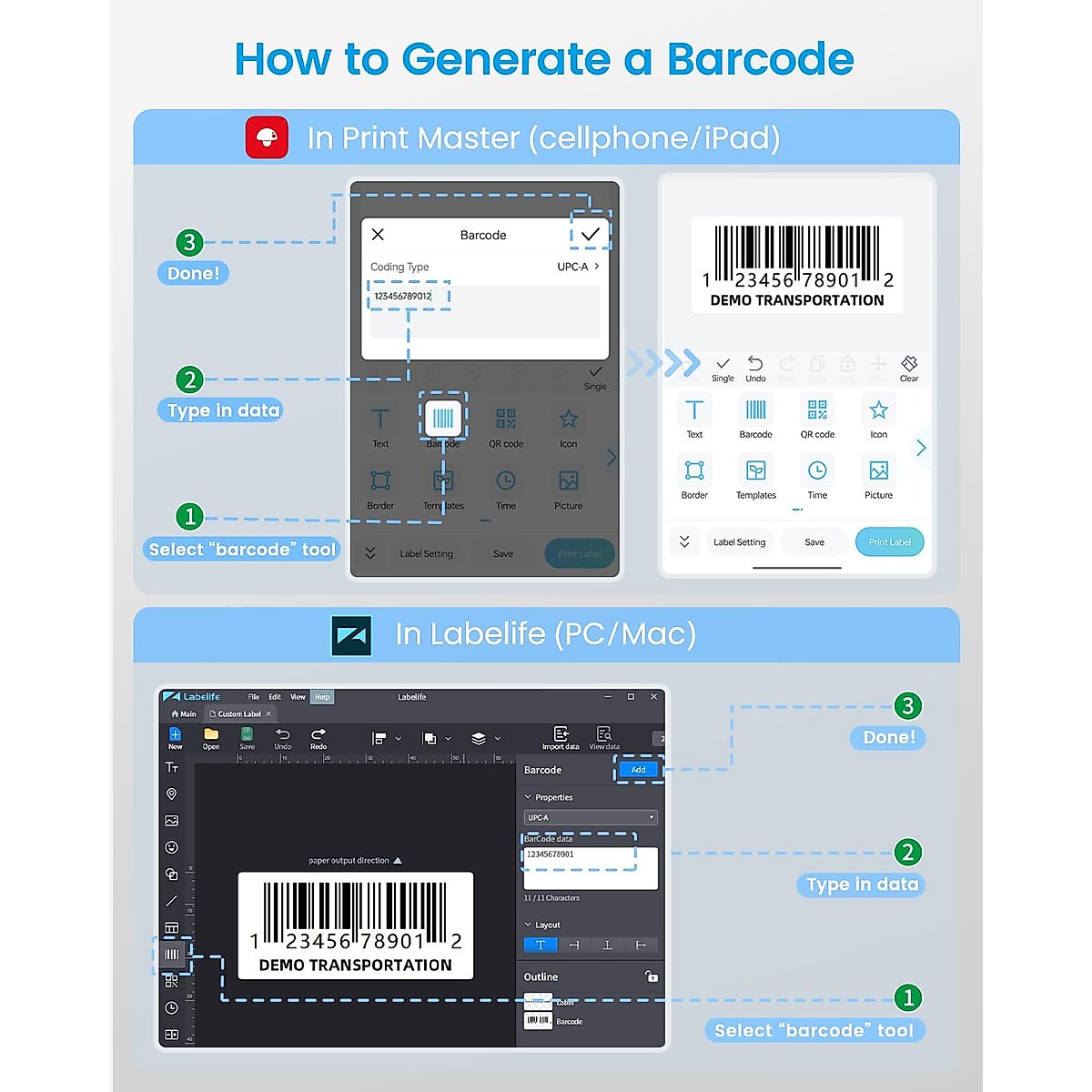 Phomemo M110 Label Printer - Bluetooth No Ink Printer, Mini Portable Barcode Label Printer for Retail, Address, Barcode, Home, for PC/Mac, iOS/Android, with 3pack Most Used Labels, Ebony Black