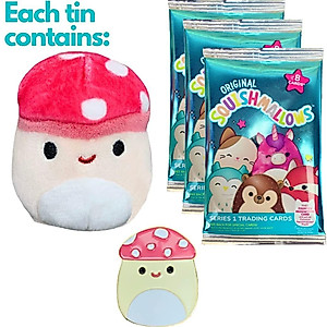 Squishmallows Official Kellytoy Collectors Tin Set with Micromallow Exclusive Pin and Trading Cads Choose Your Favorite or Collect Them All (Malcom The Mushroom)