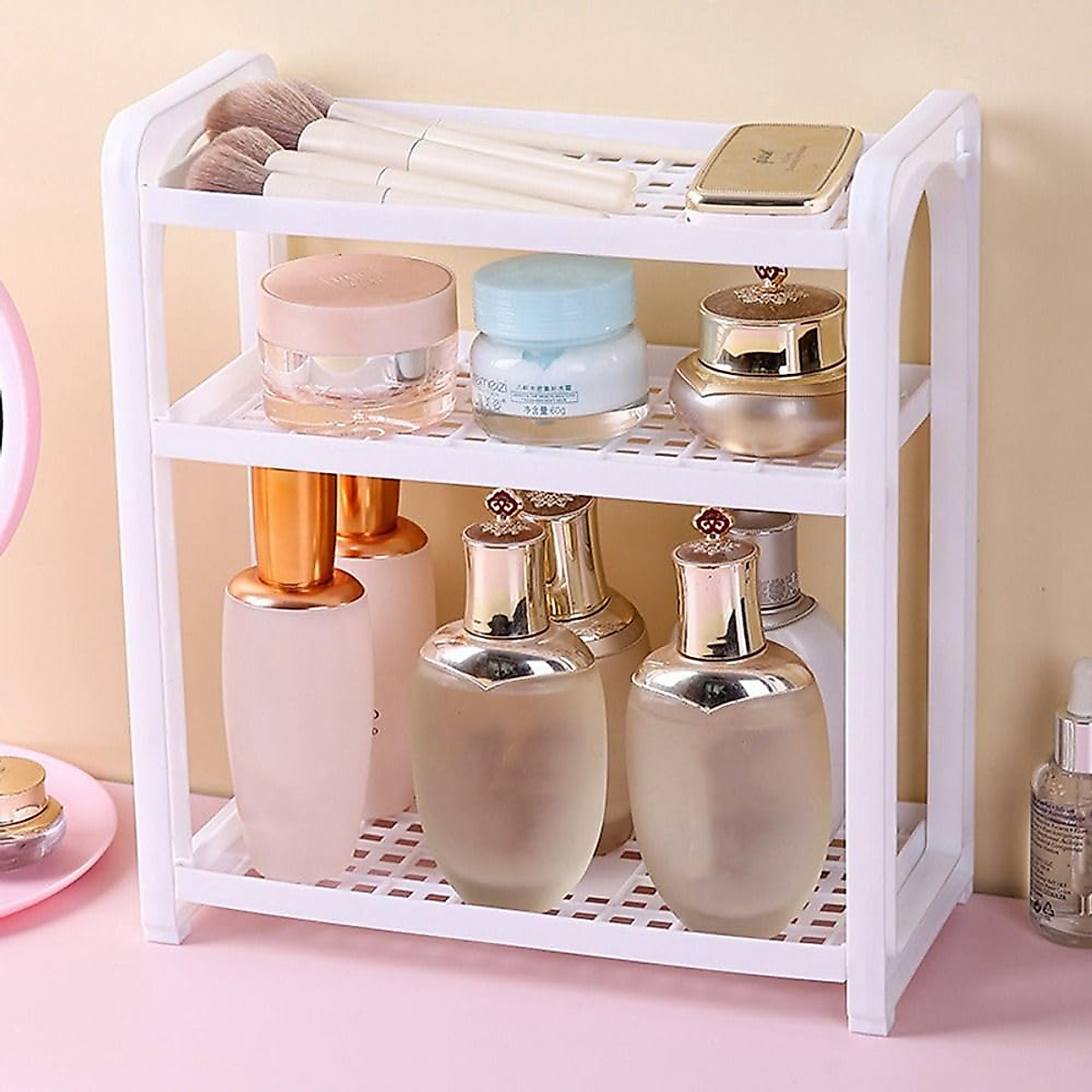 1PCS Three-Layer Storage Rack,Multifunctional Storage Rack Hollow Shelf Rack Adjustable Sundries Organizer for Kitchen Office(Pink)