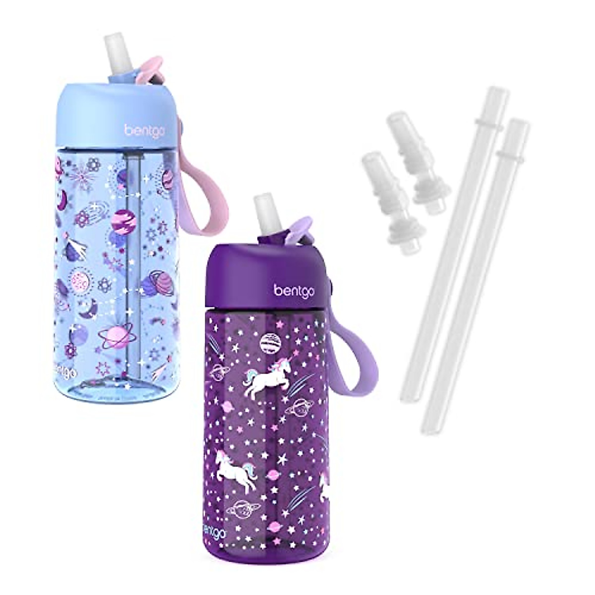 Bentgo® Kids Water Bottle 2-Pack - New & Improved 2023 Set With 2-Pack of Water Bottle Replacement Straws (Unicorn/Lavender Galaxy)