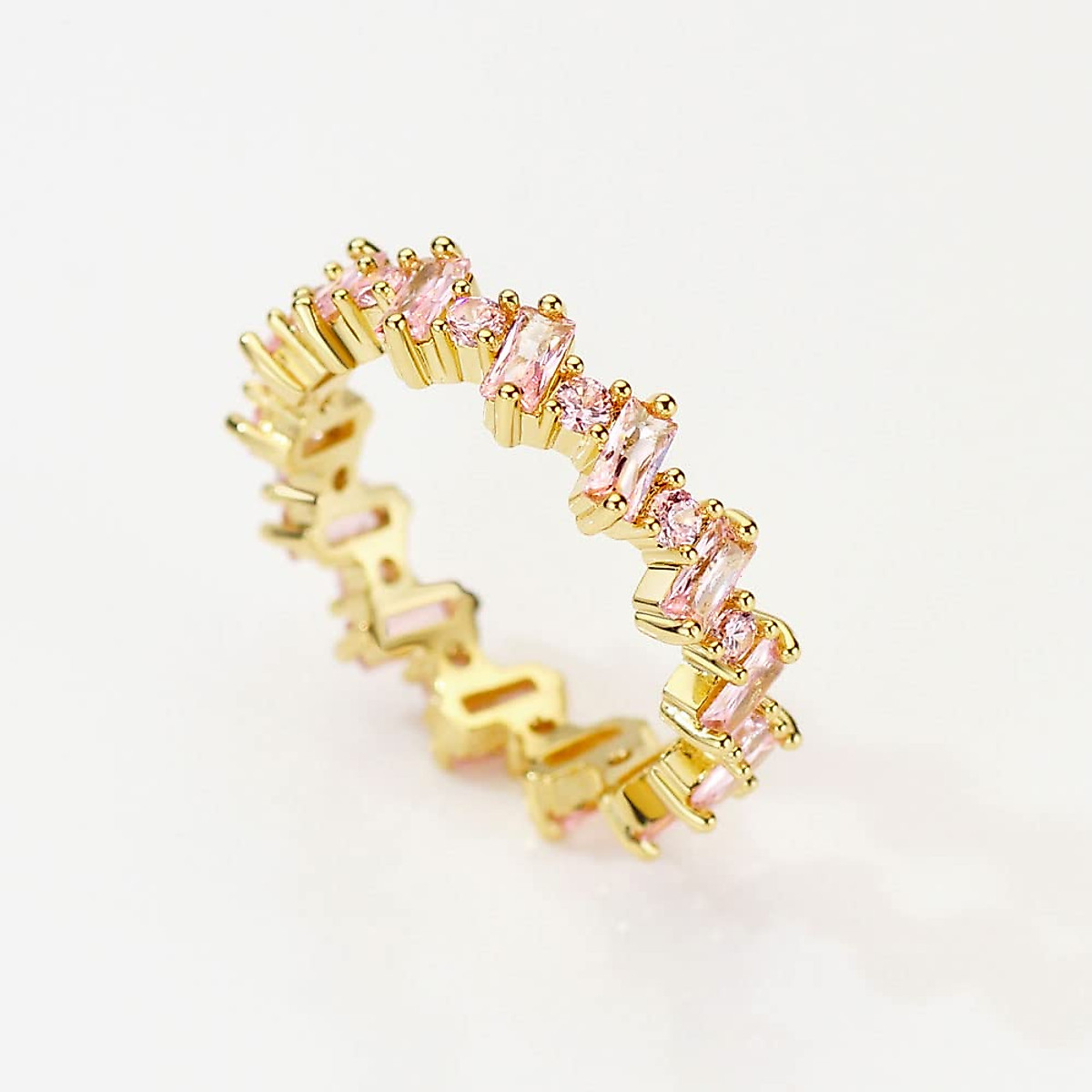 Michooyel 18K Gold Plated Eternity Band Ring Pink Cubic Zirconia Baguette Statement Ring for Women