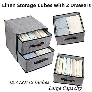 Linen Closet Organizers and Storage, Fabric Storage Drawer Organizer, Dresser Organizer with 2 Drawers for Underwear, Sock, Bra, Small Items, Drawer Organizers for Clothing, 12×12×12 INCH (Gray)