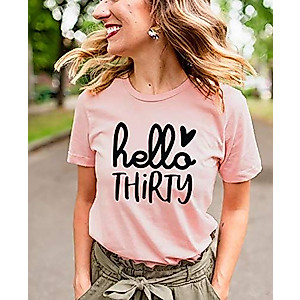 Hello Thirty Shirt Women 30th Birthday T Shirt Level 30 Unlocked Funny Letter Print Love Heart Graphic Short Sleeve Tee Tops Pink