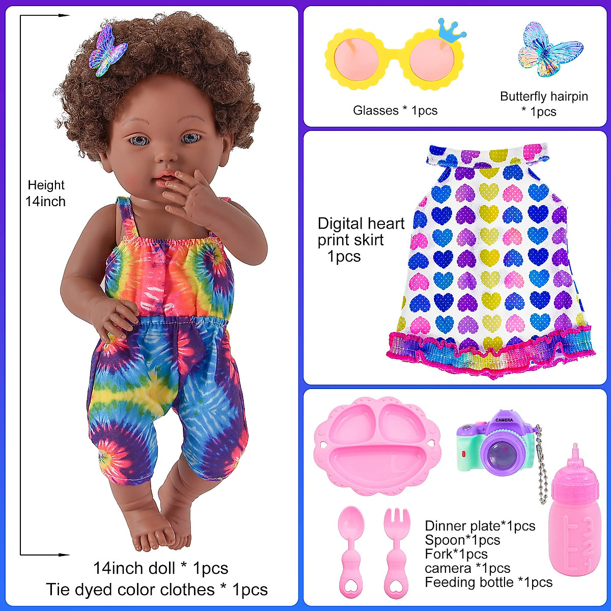 dollbie 14 Inch Reborn Baby Dolls Black African American Baby Doll with Hair Doll & Accessories (1 Doll+2 Sets Clothes+7 Pcs Accessories)