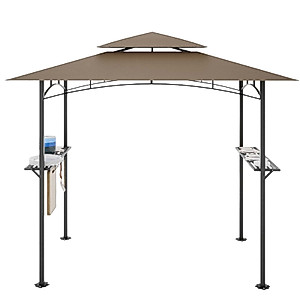 8x5 Ft Grill Gazebo, Double Tiered Outdoor BBQ Gazebo with 2 Side Shelves, 5 Hooks, Bottle Opener, Barbecue Grill Gazebo Shelter for Patio, Garden, Beach, Backyard and Picnic (Khaki)