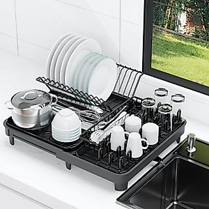 YEPATER Extendable Dish Rack, Large Dish Drying Rack with Drainboard,Cup Holder,Cutlery Drawer Organizer,Collapsible Dish Drainer for Kitchen Counter