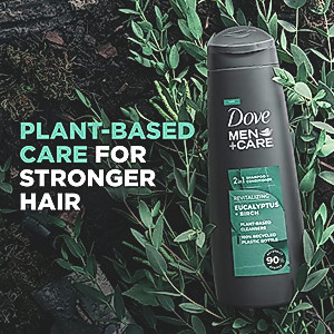 Dove Men+Care 2 in 1 Shampoo & Conditioner Eucalyptus & Birch 4 Count For Healthy-Looking Hair Naturally Derived Plant Based Cleansers 12 oz