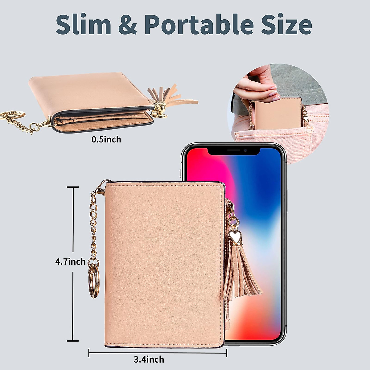 Gostwo Small Wallet Women RFID Blocking Leather Credit Card Wallet with ID Window and Zippered Coin Pocket Tassel Cute Wallet