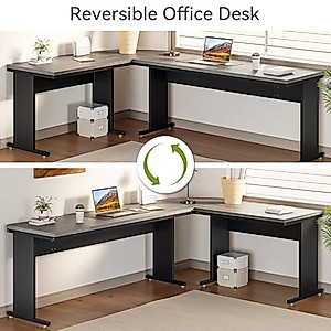 LITTLE TREE 82.67" Long Executive Desk with Drawers, Large L-Shaped Office Desk with Mobile File Cabinet, Farmhouse Computer Office Furniture Work Desk with Storage for Home Office, Gray