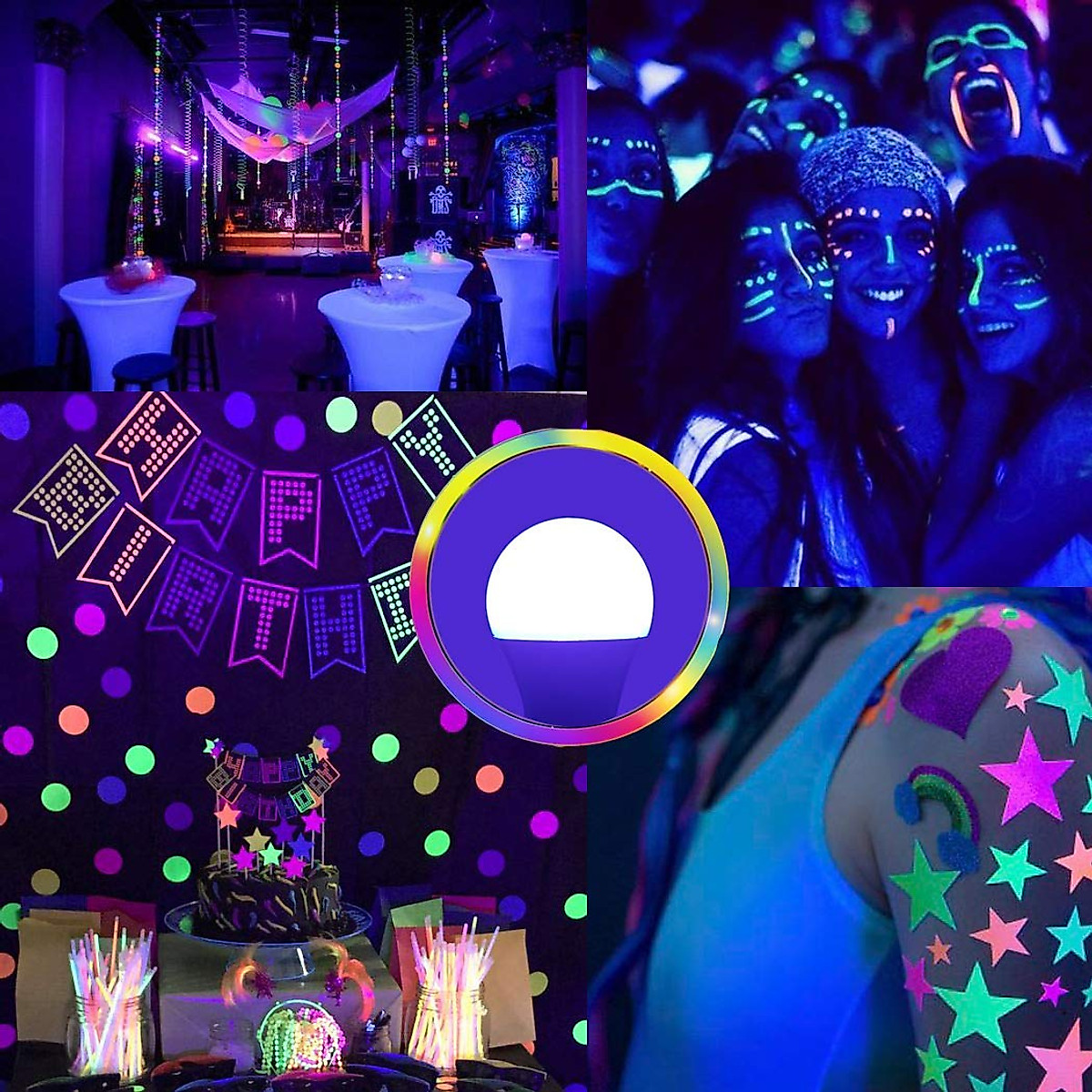 GREENIC UV Led Black Light Bulb 2 Pack, 8W (60W Equivalent) A19 E26 Blacklight Bulb UVA Level 385-400nm, Glow in Dark for Body Paint Club Party Neon Posters