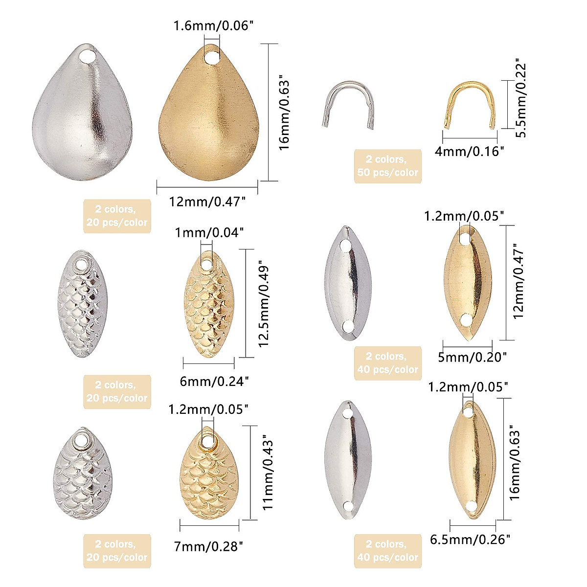 SUPERFINDINGS 380PcsS 2 Colors Spinning Bait Kit Includes 280Pcs Fishing Attractor Spinner Blades and 100Pcs Brass Fishing Clevis Spinner Spinnerbait Clevis for Fishing Lures Making Accessories