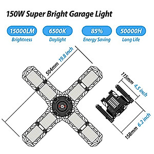 Flohans Garage Light, 150W Deformable Garage LED Light with 8 Adjustable Panels, 15000LM 6500K E26/27 Super Bright Garage Light Bulb, Garage Ceiling Lights for Workshop Attic Barn…