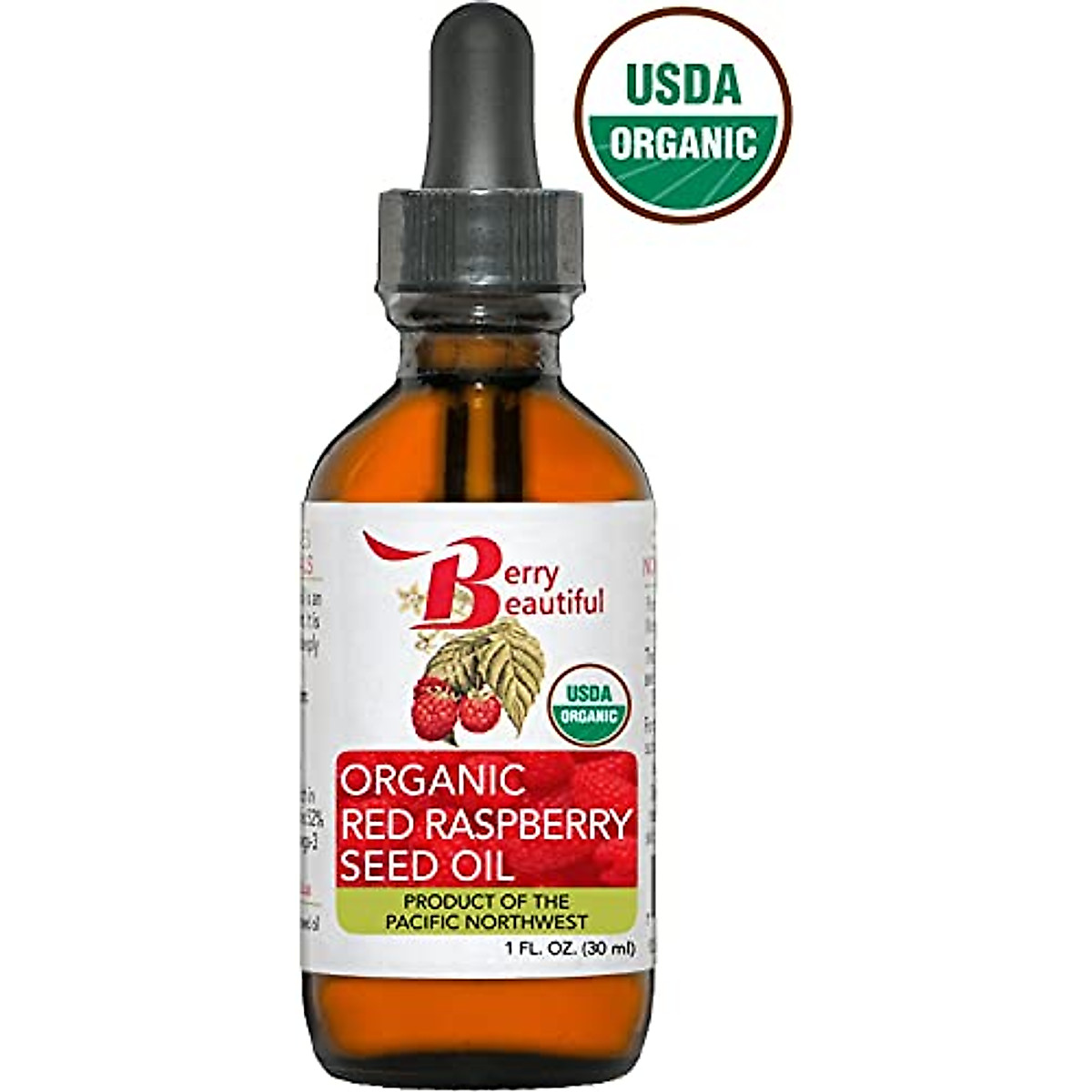Berry Beautiful Certified Organic Red Raspberry Seed Oil - Cold-pressed from US grown raspberries (1 fl oz)