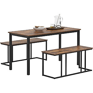 SogesPower 55.1 inches Dining Table Set,3-Pieces Kitcen Table Set for 2 Person Kitchen Breakfast Table Chair Set Pub Table and Chairs Set with 2 Bench Suitable for Kitchen Dining Room,Retro