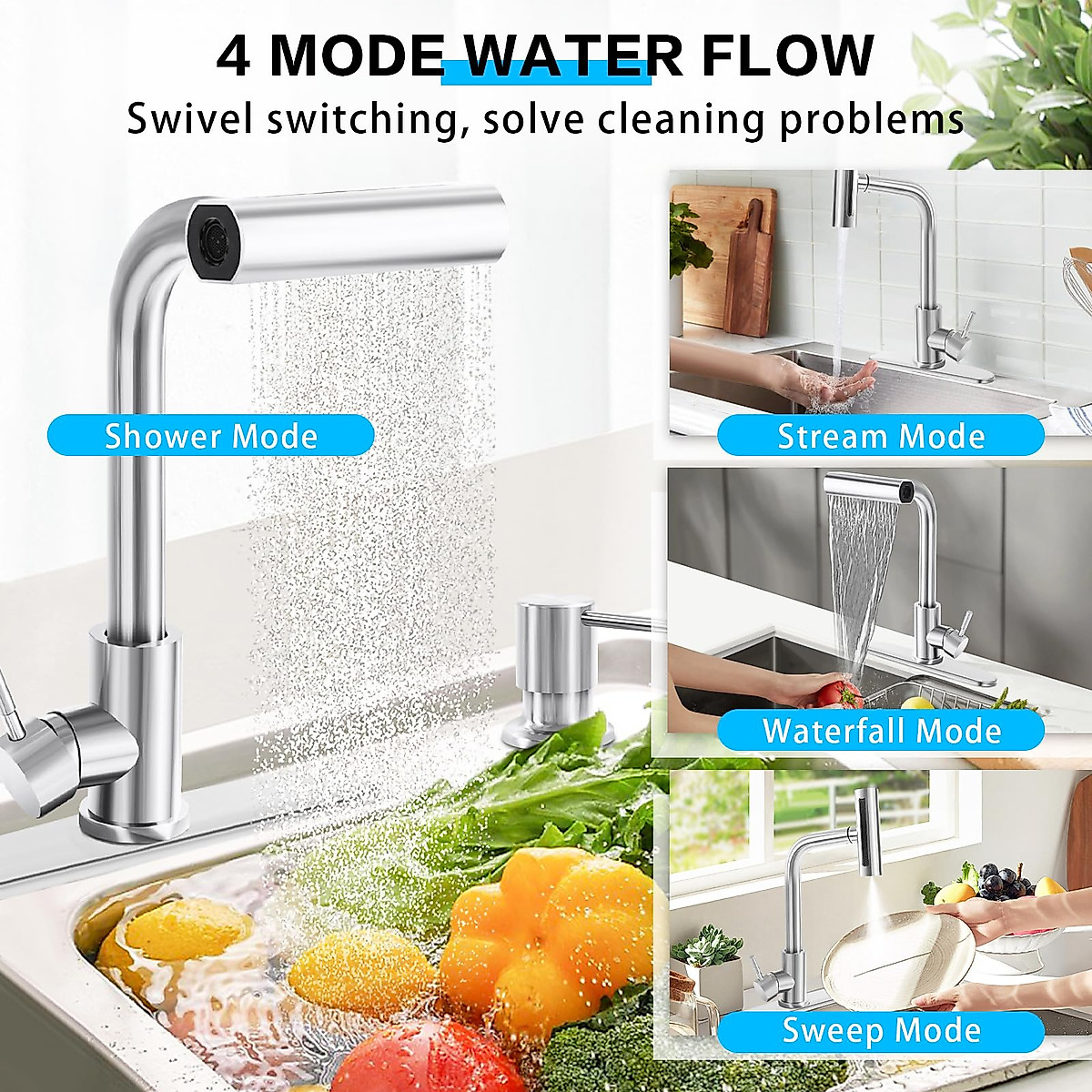 Kitchen Faucets with 4 Modes Pull Down Sprayer, Kitchen Sink Faucet with Soap Dispenser, Stainless Steel Modern Waterfall Faucet for Kitchen Sink, Bar, Laundry, Rv (3/8-Inch Hose)