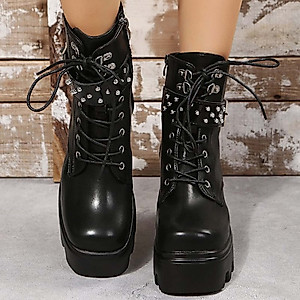 Women's Lace-Up Combat Boots Gothic Platform Mid Calf Wedges Chunky High Heel Round Toe Side Zip Punk Ankle Booties (Black,4)