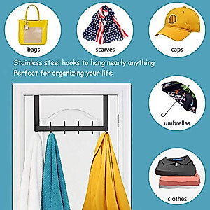 DOKU Over The Door Hook, Stainless Steel Heavy Duty Over Door Hanger Holder for Coat Robe Hat Clothe Towels Hanging, Bathroom Organizer Towel Rack 12 Hooks, Matte Black