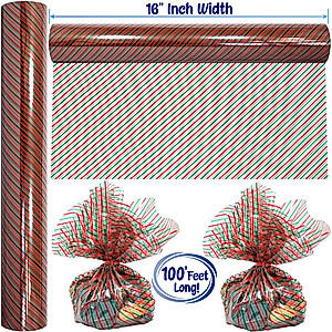 AnapoliZ Christmas Cellophane Wrap Roll | 100’ Ft. Long X 16” in. Wide | 2.3 Mil Crystal Clear Christmas Stripes Cellophane | Gifts, Baskets, Treats Wrapping Paper | Red and Green Stripes Cello Roll