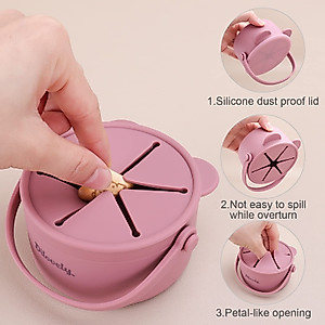 Dilovely Snack Cups for Toddlers, Baby Snack Containers, Silicone Toddler Snack Cups No Spill, Food Catcher with Lid & Bucket-like Handle, BPA Free & Dishwasher Safe, 9 Ounce Rose