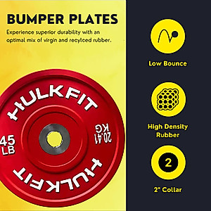 HulkFit Sport Series 2" Olympic Shock Absorbing Rubber Bumper Weight Plates for Barbells - Multi Color 45 lb Single