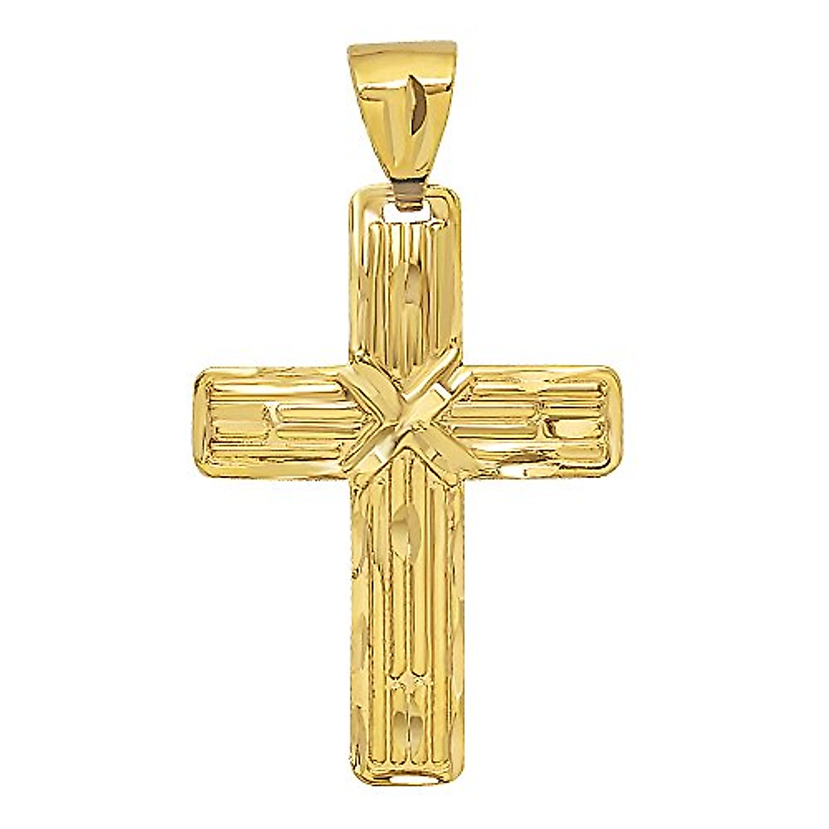 The Bling Factory Large 32mm x 45mm 14k Gold Plated Striated Textured Cross Pendant,