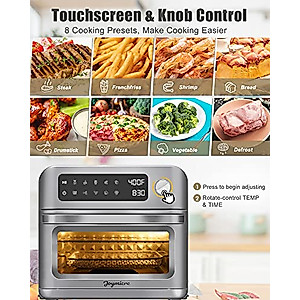 Joymicre Air Fryer Toaster Oven, 1700w High Power AirFryer Dehydrator Combo with Touchscreen Convection Countertop Oven, Dishwasher Safe Accessories, XL 12QT, 8 Cooking Presets, Bake, Broil, Defrost, Reheat, Roast All-in-one, Grey