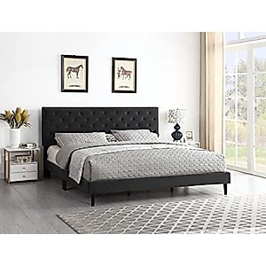 King Upholstered Platform Bed Frame with 48" Tall Adjustable Headboard - Button Tufted Suede Velour Bed- Wood Slat Support with Storage Space- No Box Spring Needed - Black - OLIVER & SMITH - Princeton