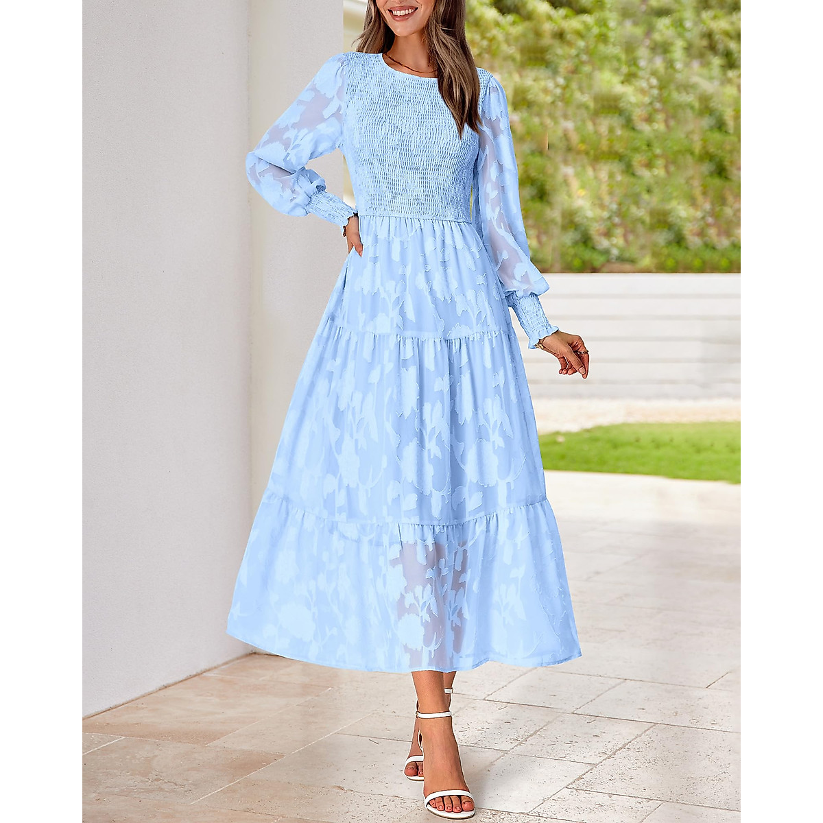 BTFBM Casual Women's 2025 Fall Dresses Elegant Wedding Guest Dress Long Sleeve Floral Midi Dress Flowy Bohemian Long Dress(Blue,X-Large)
