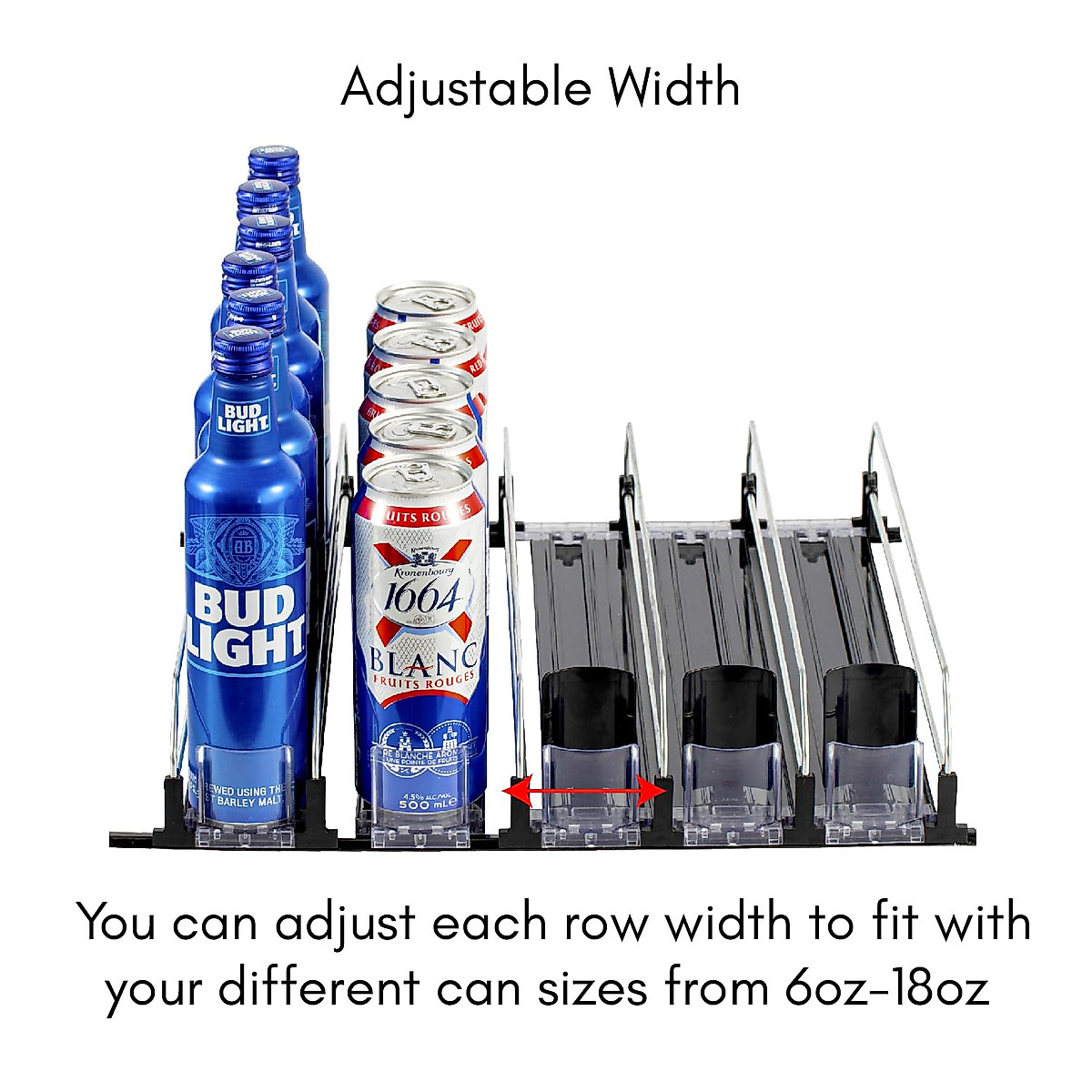 RULA Drink Organizer for Fridge, Self-Pushing Soda Can Dispenser for Refrigerator, Width Adjustable Water Bottle Pusher Glide, 16.2" D, 5 Rows, Black