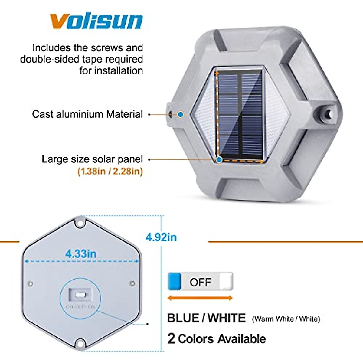 VOLISUN Solar Dock Lights - 8-Pack Waterproof Outdoor LED Aluminum Dock Lighting Warning Step Lights for Driveway (White + White Warm, 2 Colors in 1)