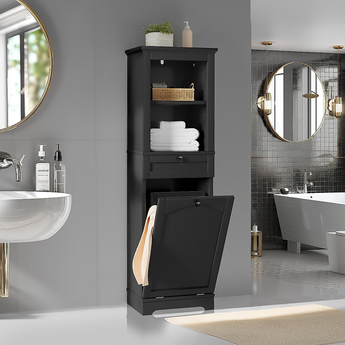 YITAHOME 53" Tall Tilt Out Laundry Hamper Cabinet Hidden Laundry Hamper with Storage Laundry Basket Cabinet with Drawer Bathroom Storage Cabinet Shelf with a Clothes Basket, Black