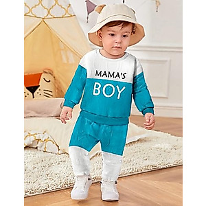 ADIFUN toddler Boy Clothes 2t-3t boys sweatshirt Outfits Fall Winter clothes baby boy's clothing MAMA'S BOY white blue Color Block Long Sleeve 2Pcs